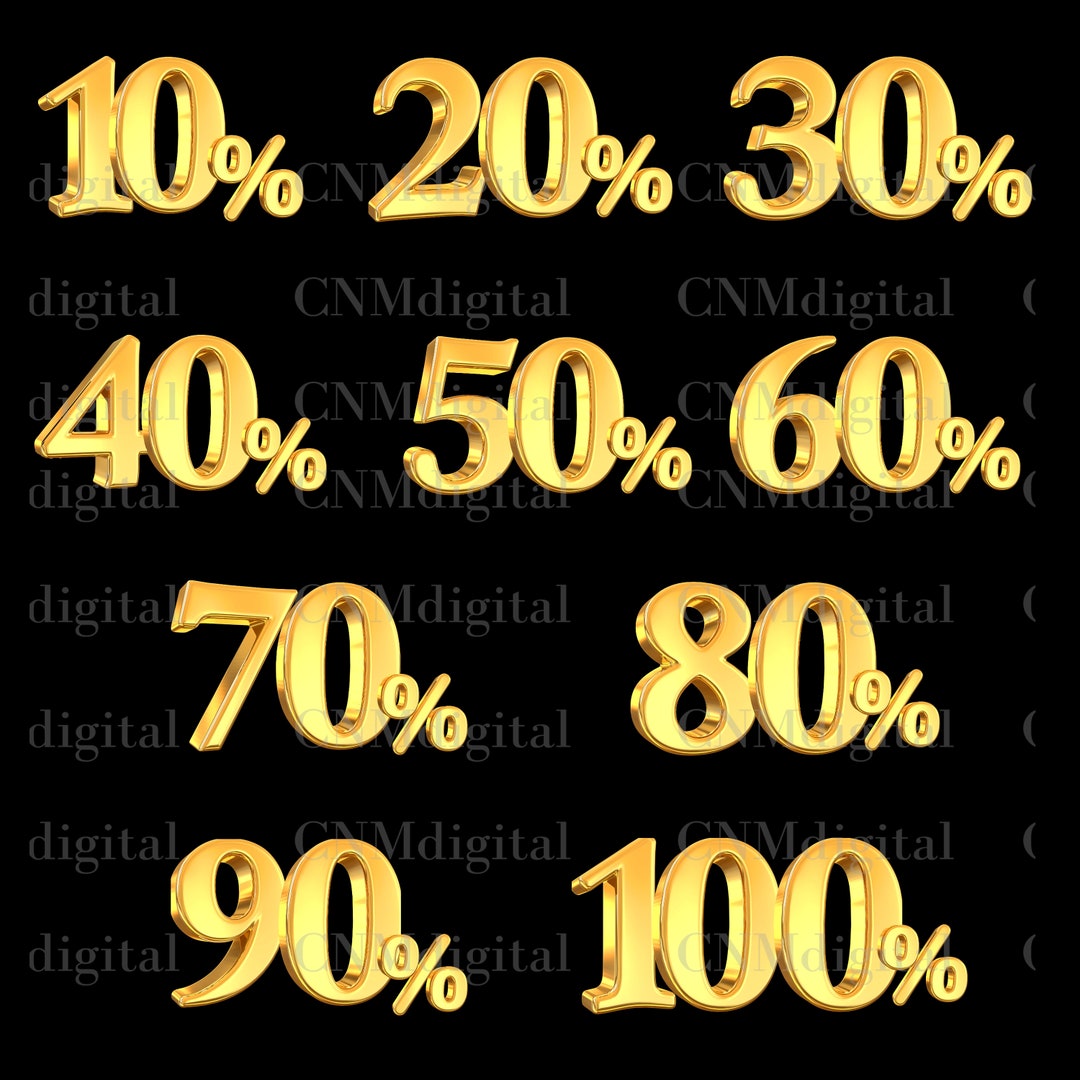 Digital Numbers Clipart 10-100% Percentage Numbers Gold Color Instant ...
