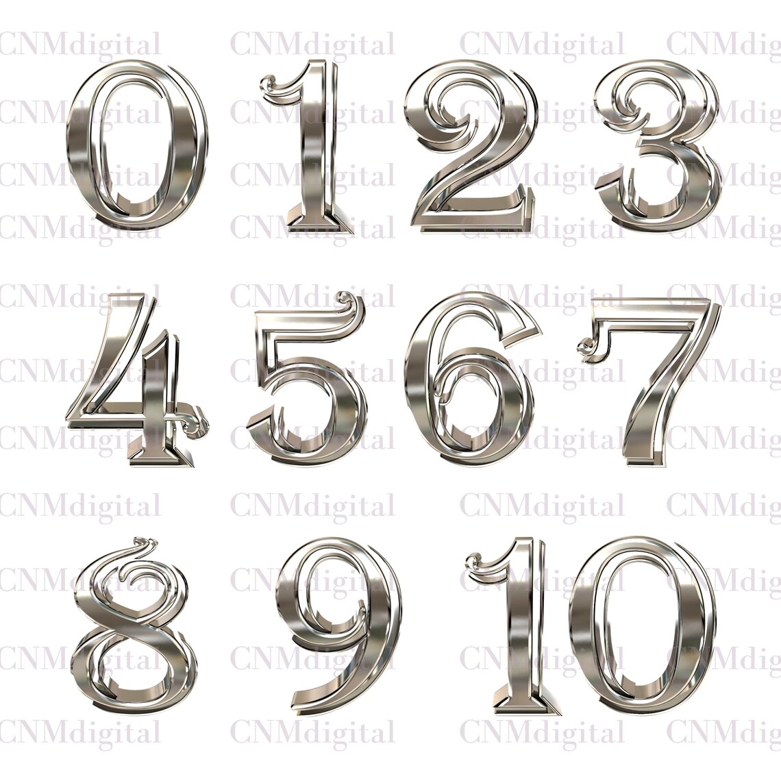 Digital Numbers Clipart. Silver Color, Instant Download PNG Format ...