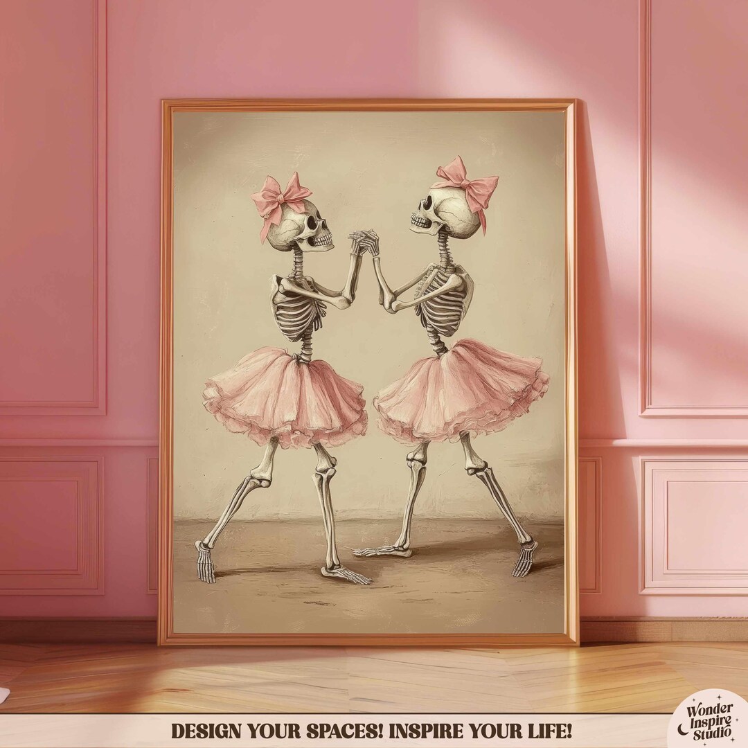 Coquette Dancing Skeletons Print: Pink Halloween Decor (digital ...