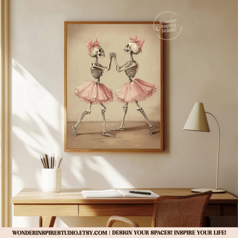 Coquette Dancing Skeletons Print: Pink Halloween Decor (digital ...