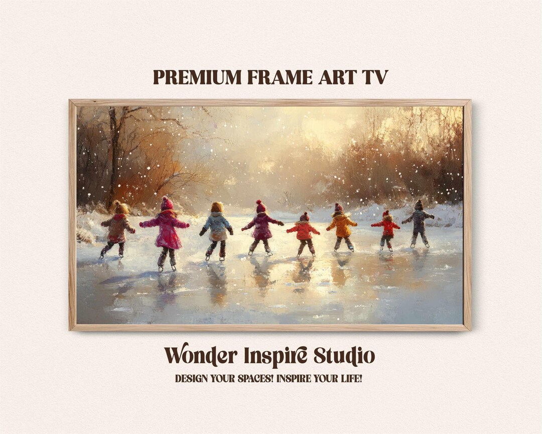 Kids Skating Winter Frame Tv Art, Snowy Winter Decor, Winter Home Decor ...
