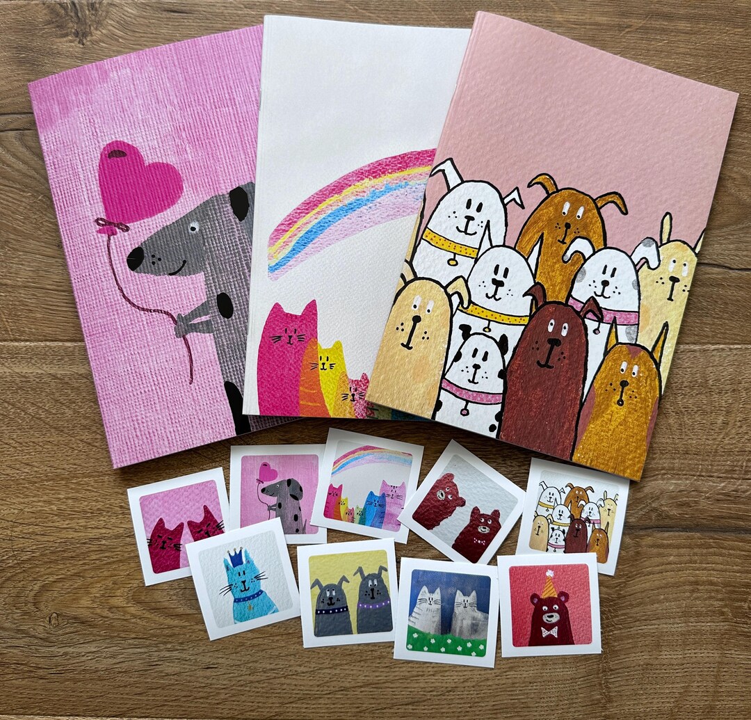3 Exercise Books A5 and 9 Mixed Small Vinyl Stickers Bear Dog Cat Cute ...