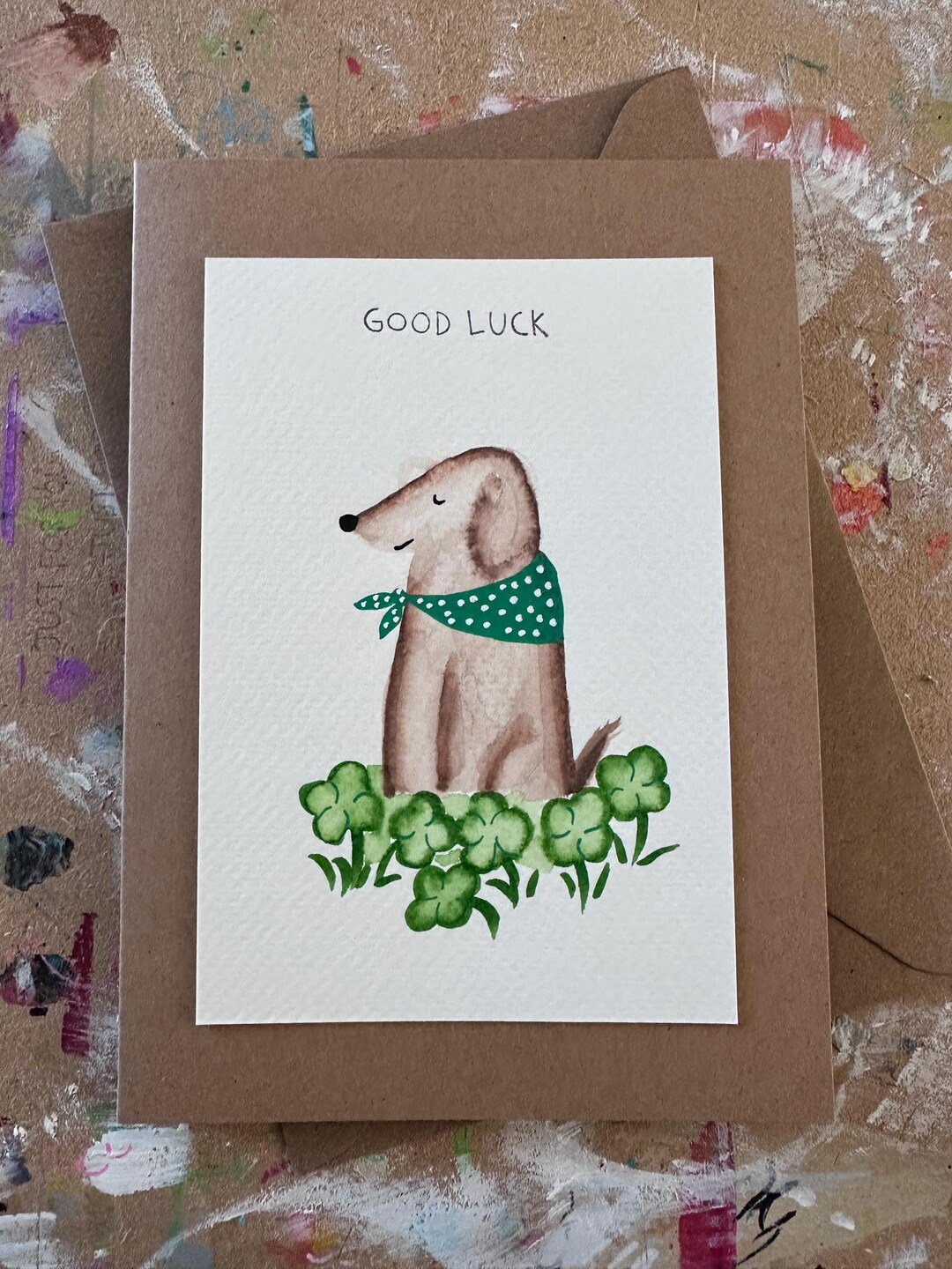 Handmade Good Luck Dog Card: Watercolor Shamrock Greetings - Etsy