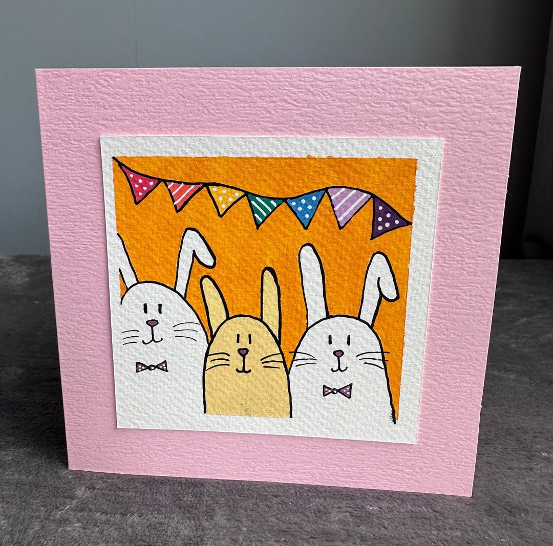 Group of Rabbits Birthday Card Thank You Card Handmade Acrylic Painted ...