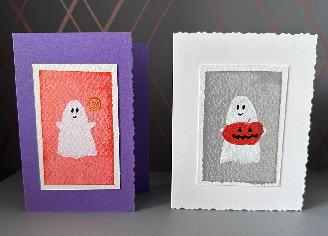 Two Small Cute Halloween Ghost Cards Handmade Acrylic Painted Greetings ...
