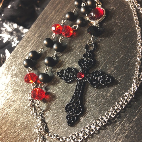 Gothic Cross Y Red Necklace Goth Style Beaded Vampire Cosplay - Etsy