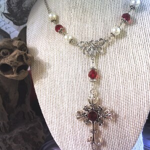 Gothic Cross Necklace Medieval Goth Red Pearl - Etsy