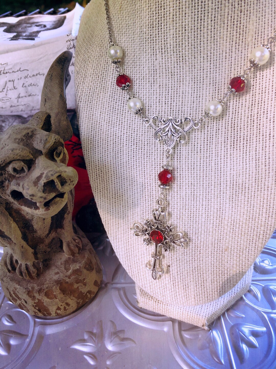 Gothic Cross Necklace Medieval Goth Red Pearl - Etsy