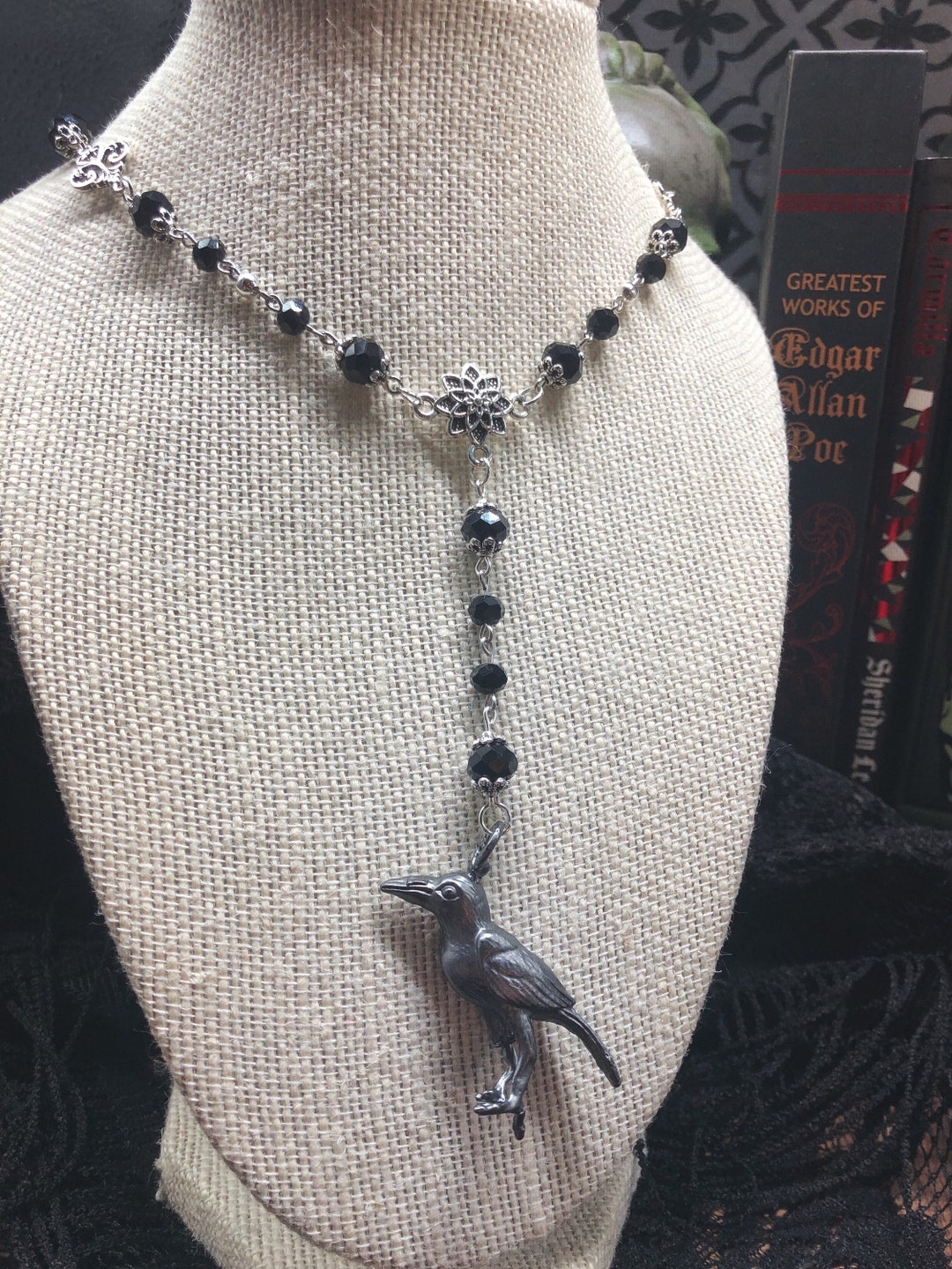 Crow Skeleton Gothic Rosary Style Necklace Double Sided Black Goth - Etsy