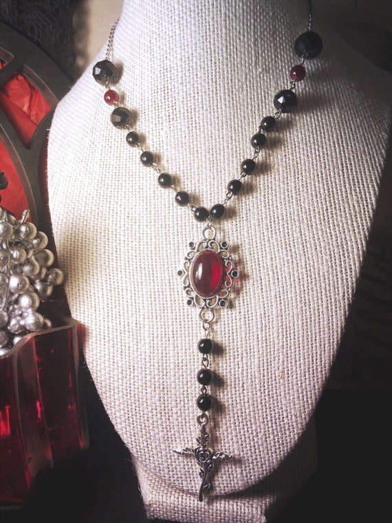 Gothic Cross Y Red Necklace Goth Style Beaded Vampire Cosplay - Etsy