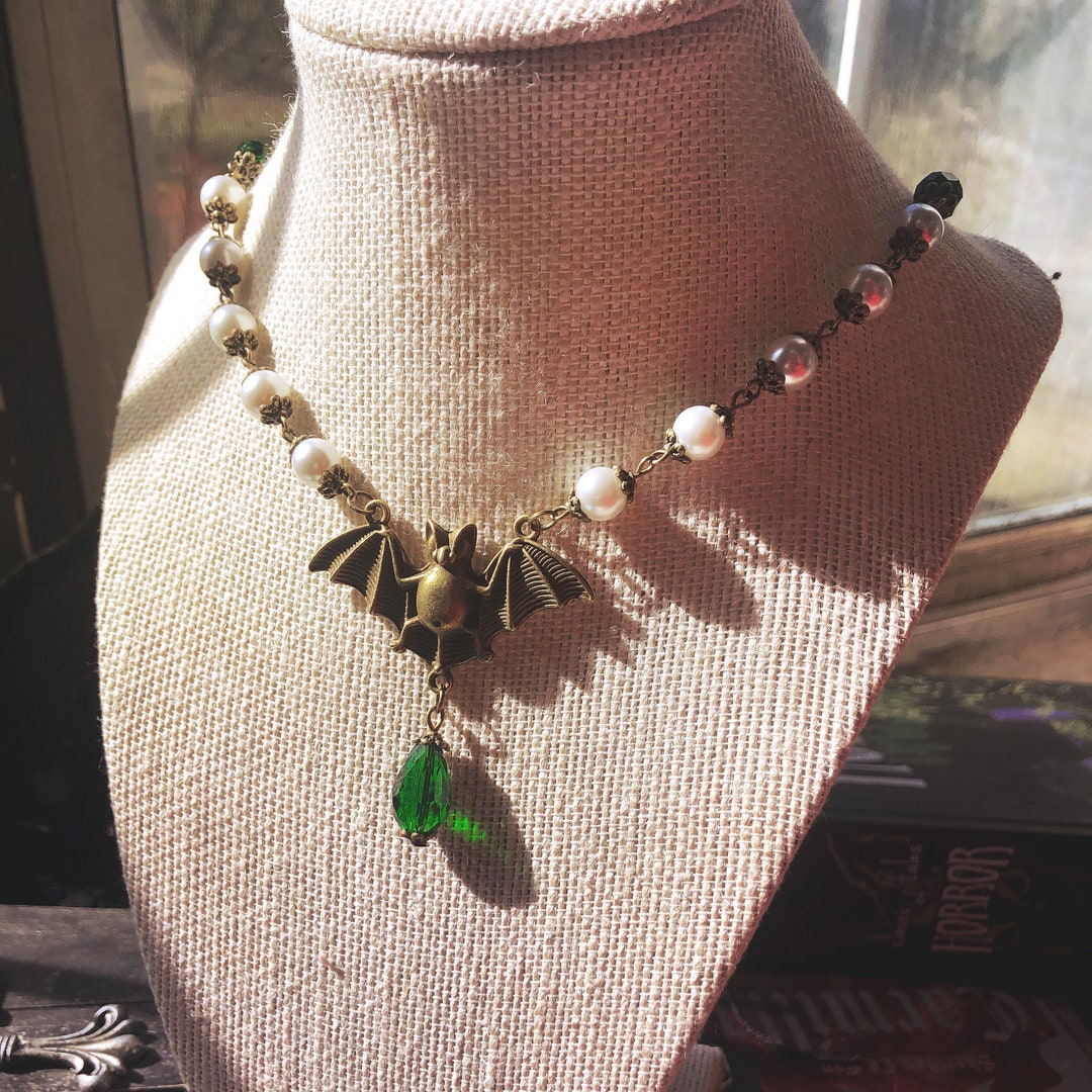 Eva: Gothic Bat Necklace Antique Bronze Pearls Green Goth Steampunk ...
