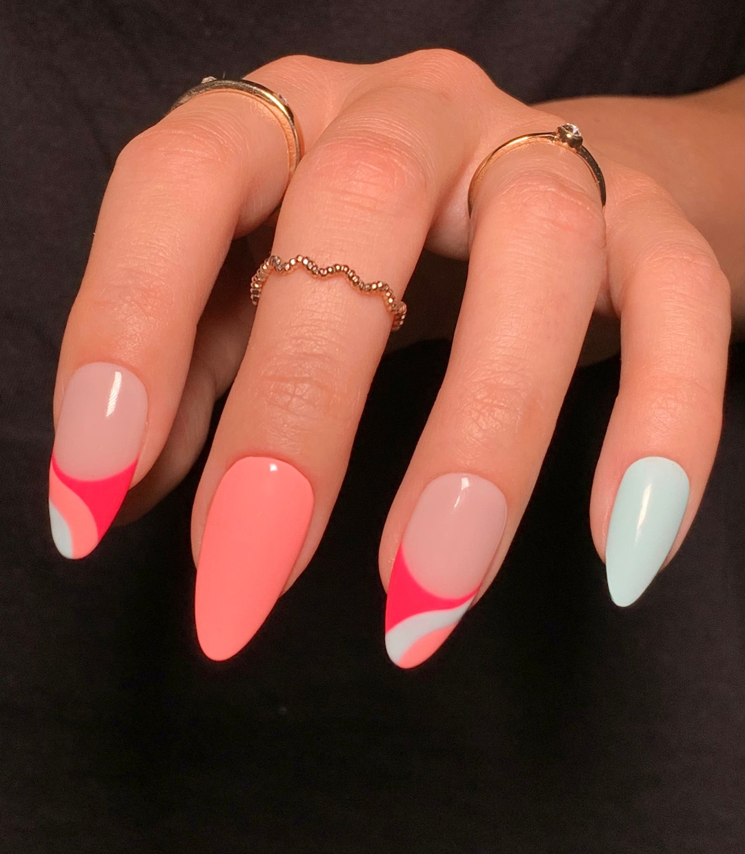 FAYE Reusable Press on Nails • Blue and Coral Abstract French Nails - Etsy