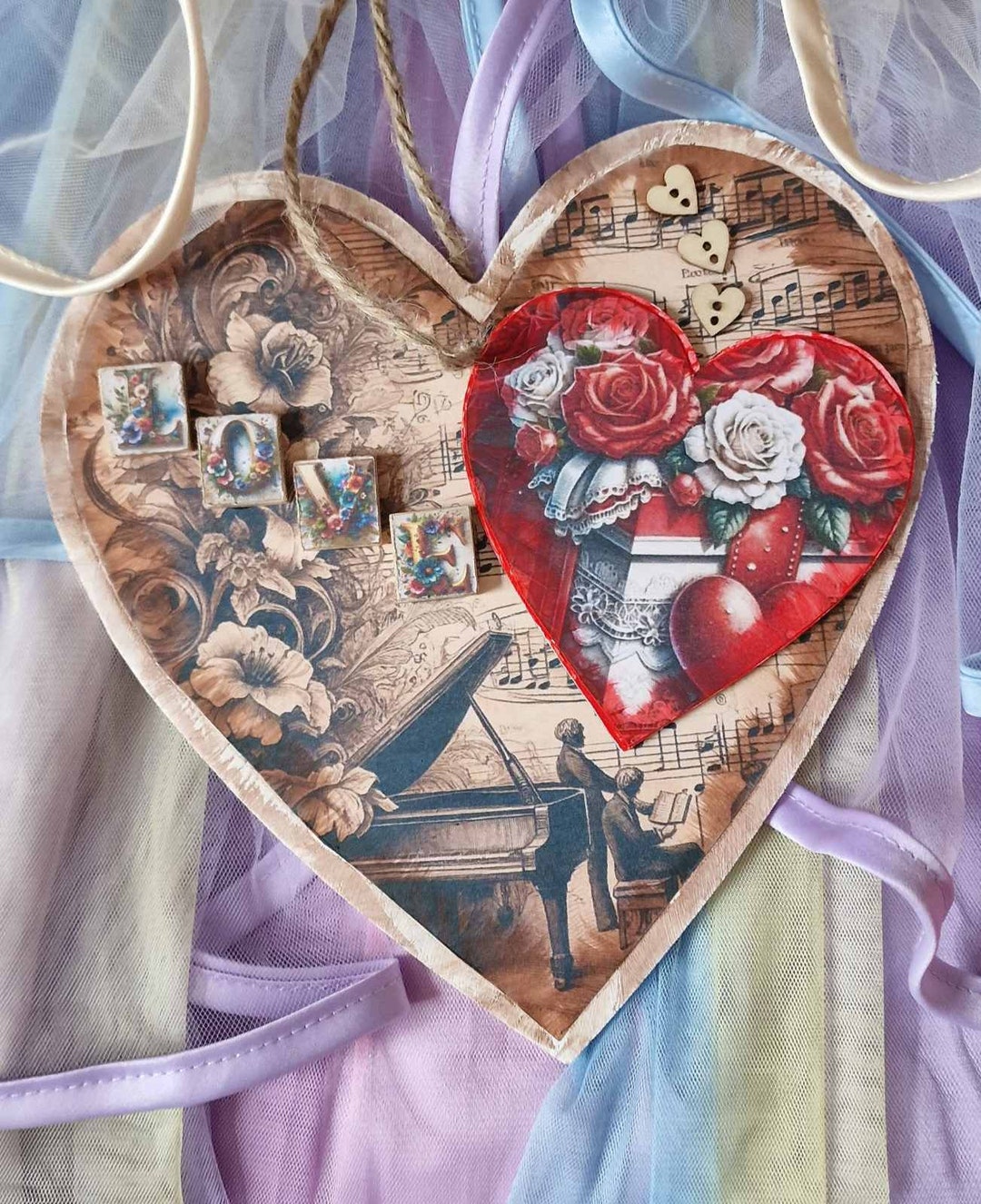 Decoupaged Wooden Heart Plaque: Vintage Floral Decor - Etsy