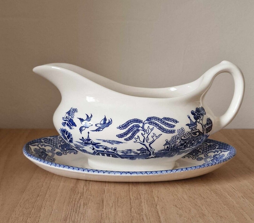 Old Willow Pattern China Gravy Boat, English Ironstone Blue and White ...