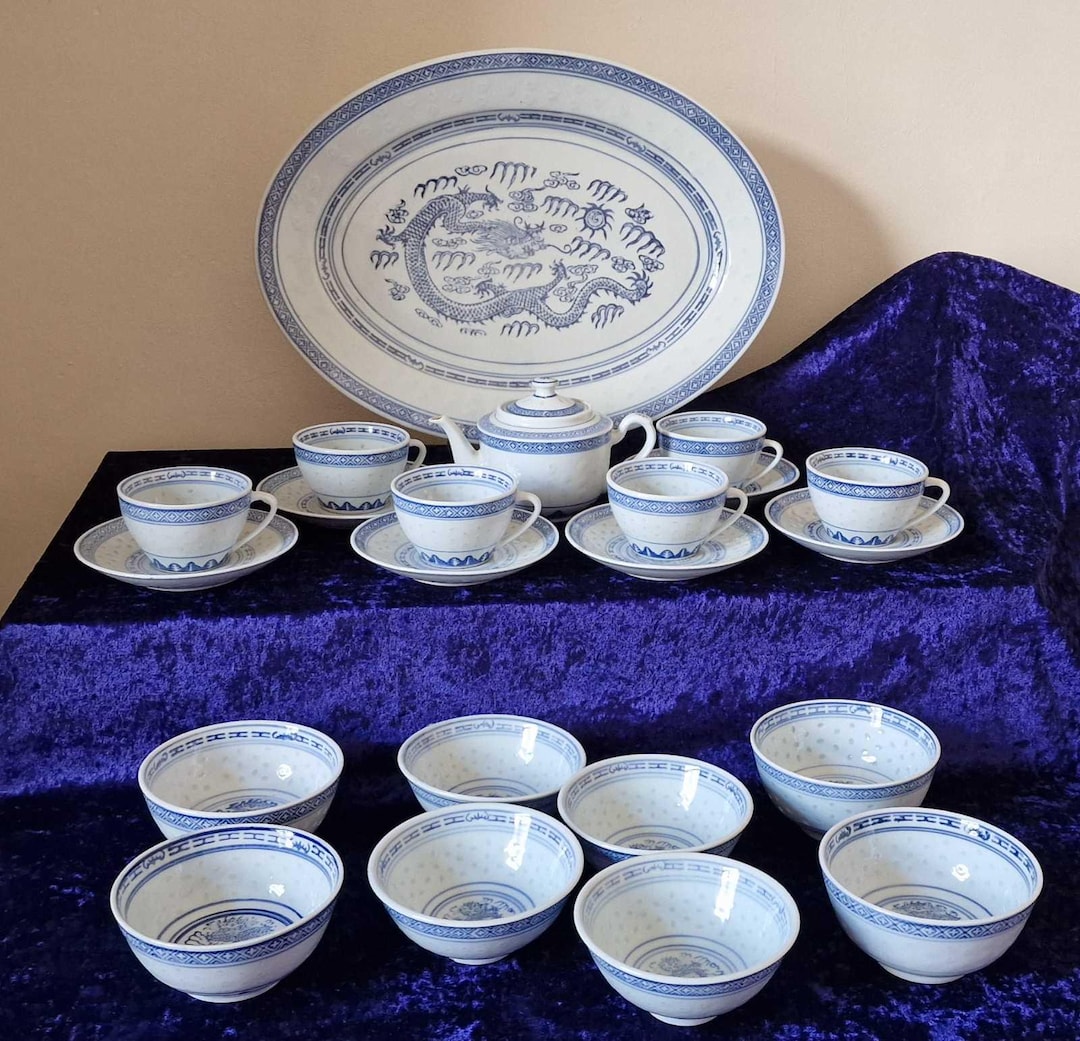 Vintage Chinese Rice Grains Porcelain Set by Jingdezhen Factory, Set of ...