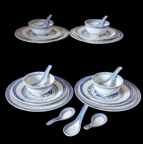 Vintage Chinese Rice Grains Porcelain Set by Jingdezhen Factory, Set of ...