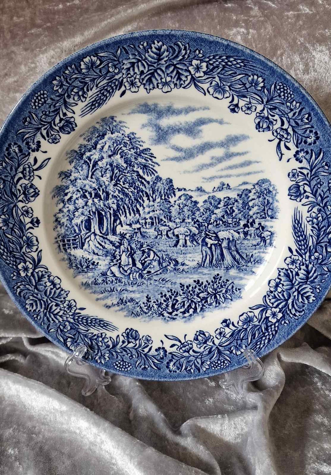 Churchill Blue & White China Plate: Vintage Harvest Scene - Etsy