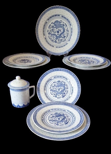Vintage Chinese Rice Grains Porcelain Set by Jingdezhen Factory, Set of ...