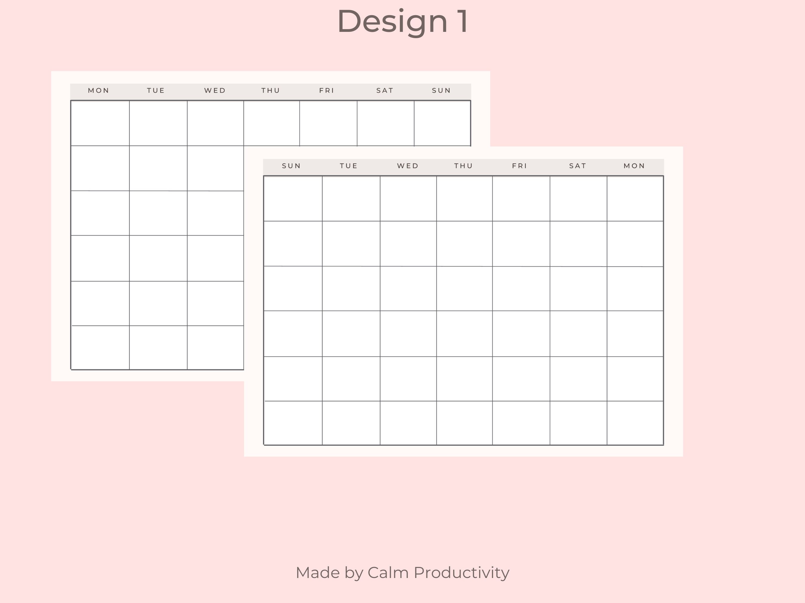 Blank Monthly Calendar | Printable Landscape Calendar | Minimalist ...