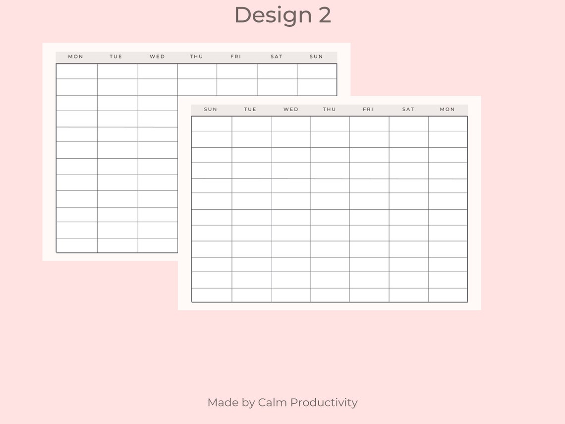 Blank Monthly Calendar Printable Landscape Calendar Minimalist Calendar ...