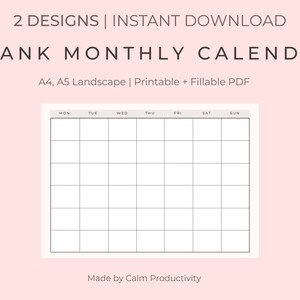 Blank Monthly Calendar Printable Landscape Calendar Minimalist Calendar ...