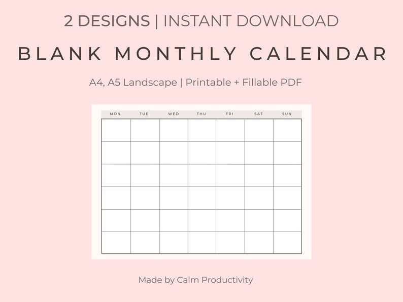 Blank Monthly Calendar | Printable Landscape Calendar | Minimalist ...