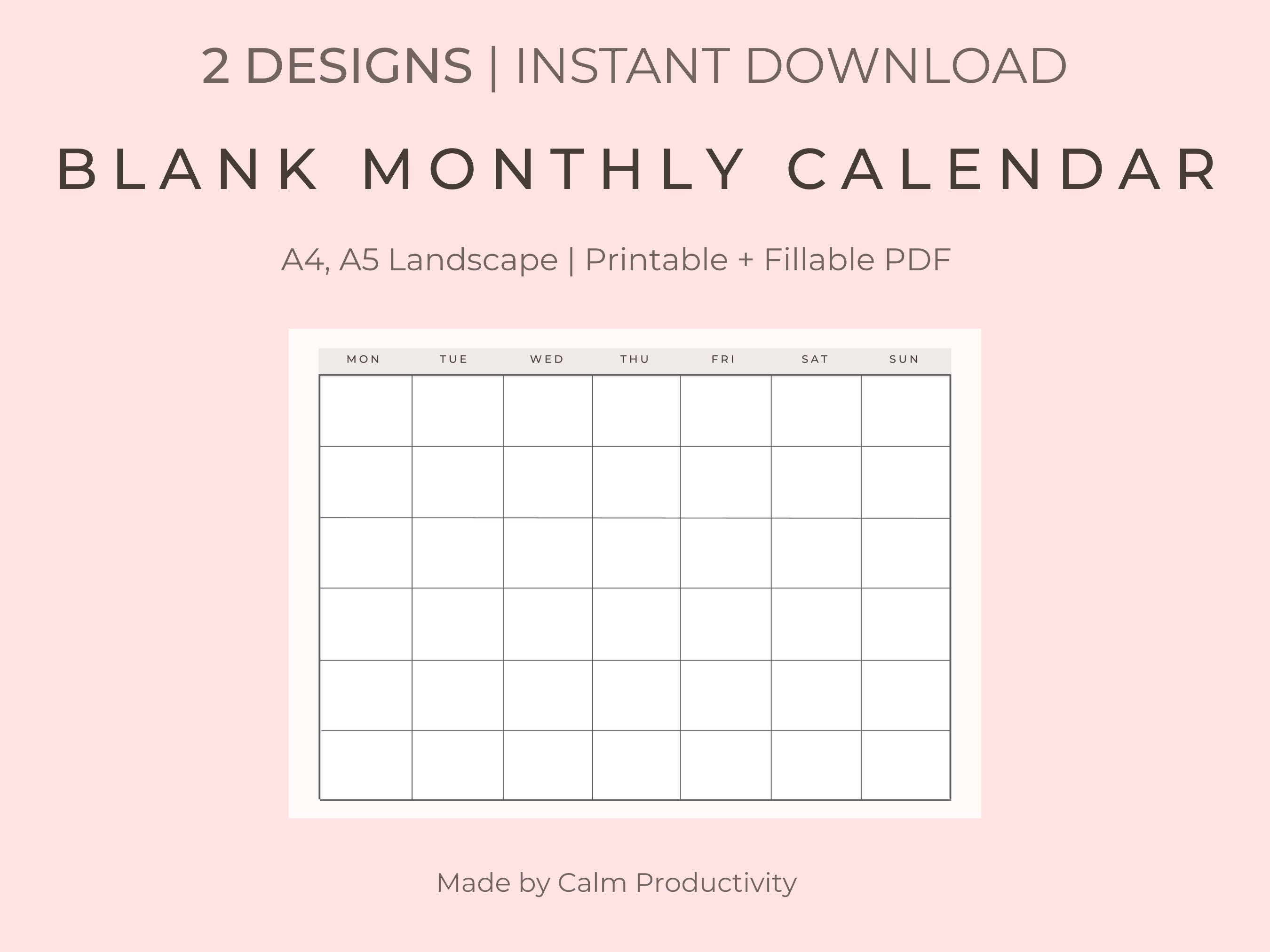 Blank Monthly Calendar | Printable Landscape Calendar | Minimalist ...