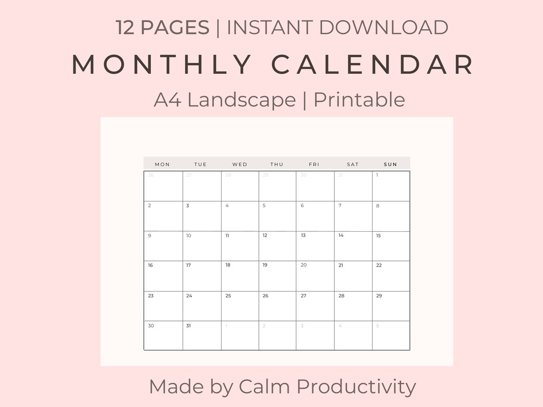 2023 Printable Calendar Landscape | Minimalist Monthly Calendar - Etsy