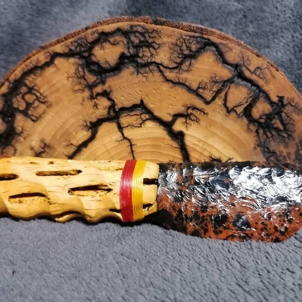 Gold Sheen Obsidian Knapped Knife With Deer Jaw Handle and Feather ...