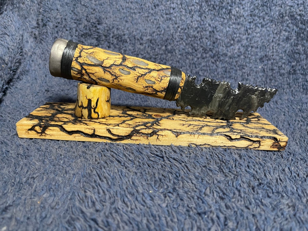 Banded Silver Sheen Obsidian Knapped Knife With a Fractal Burnt Cholla ...