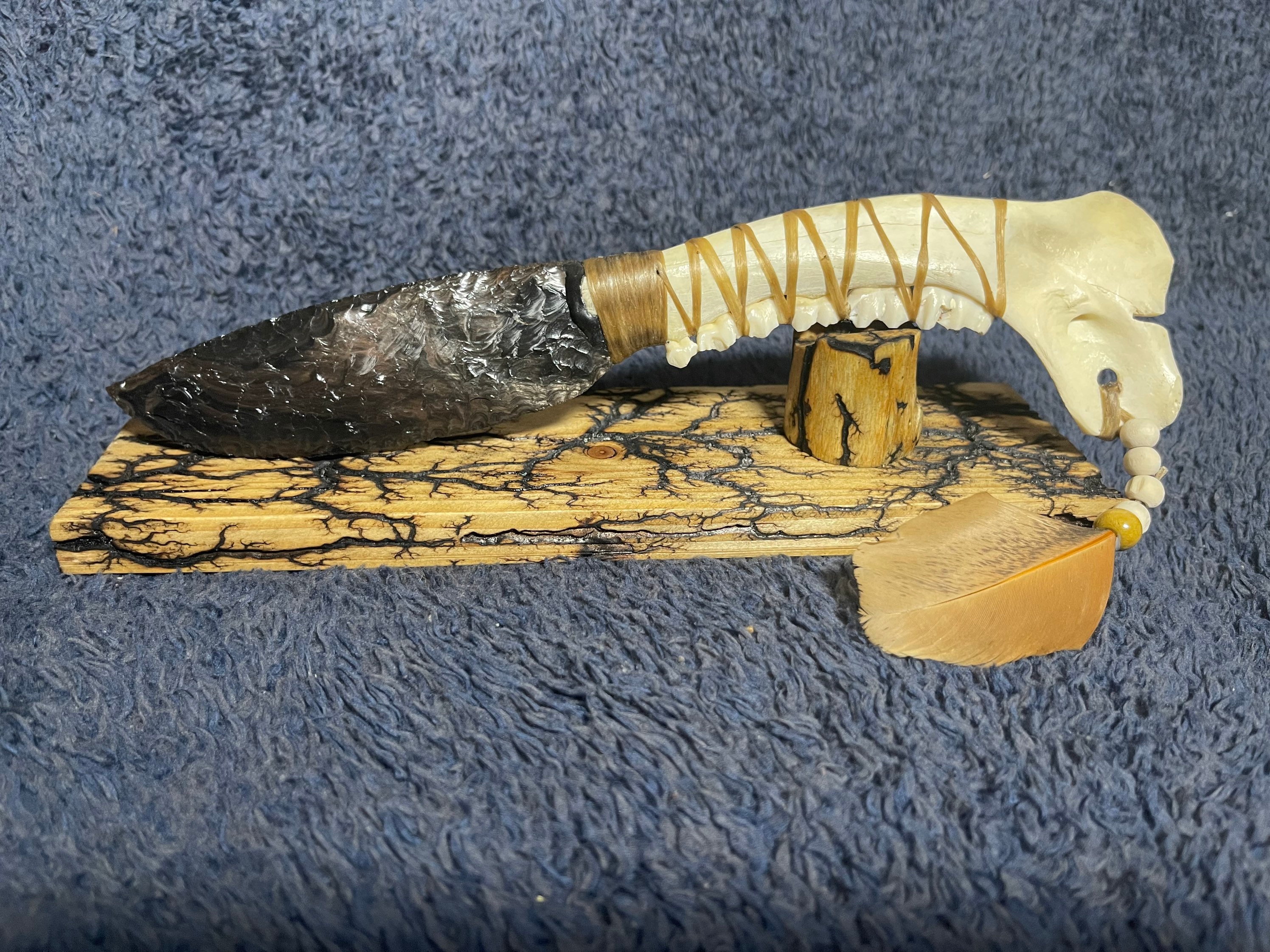 Gold Sheen Obsidian Knapped Knife With Deer Jaw Handle and Feather ...