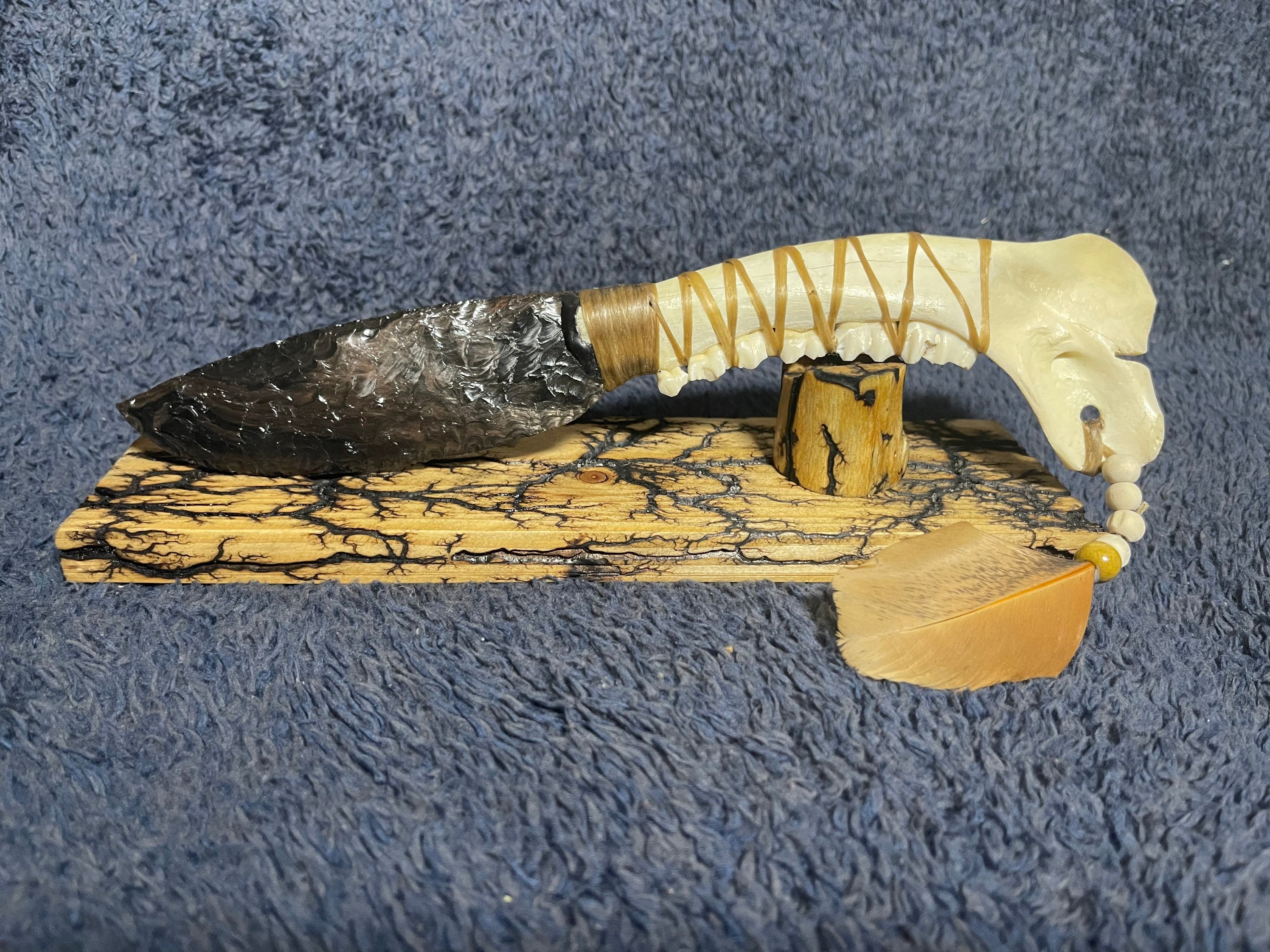 Gold Sheen Obsidian Knapped Knife With Deer Jaw Handle and Feather ...