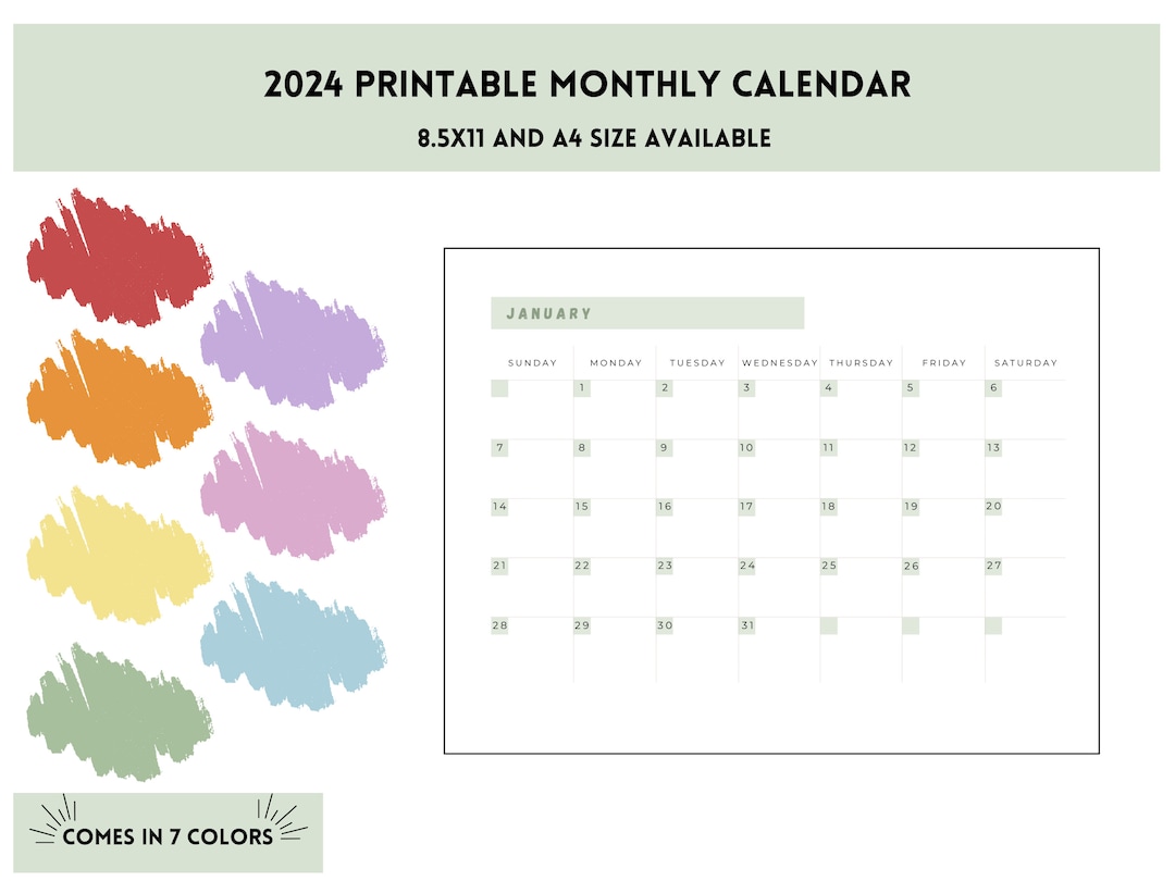2024 Printable Monthly Calendar - Etsy