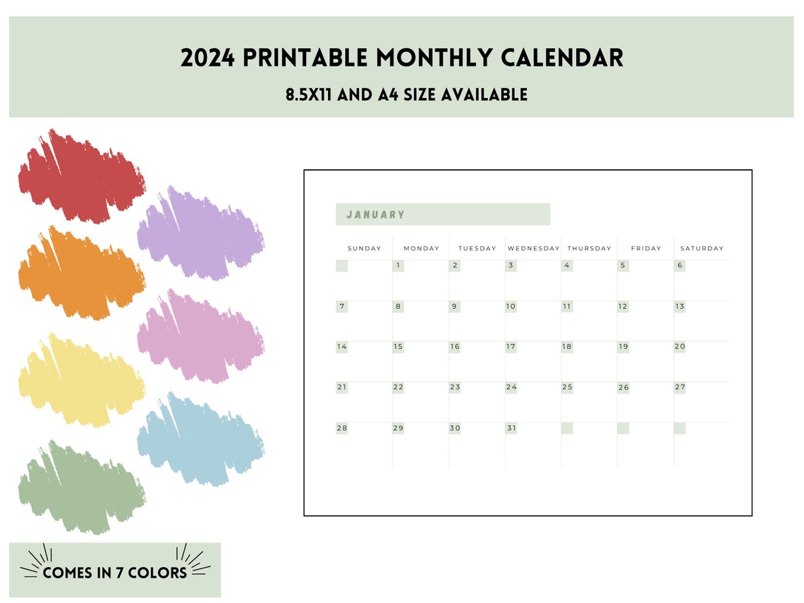2024 Printable Monthly Calendar - Etsy