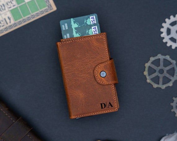 Personalized Slim Card Holder With ID Holder Leather | Etsy