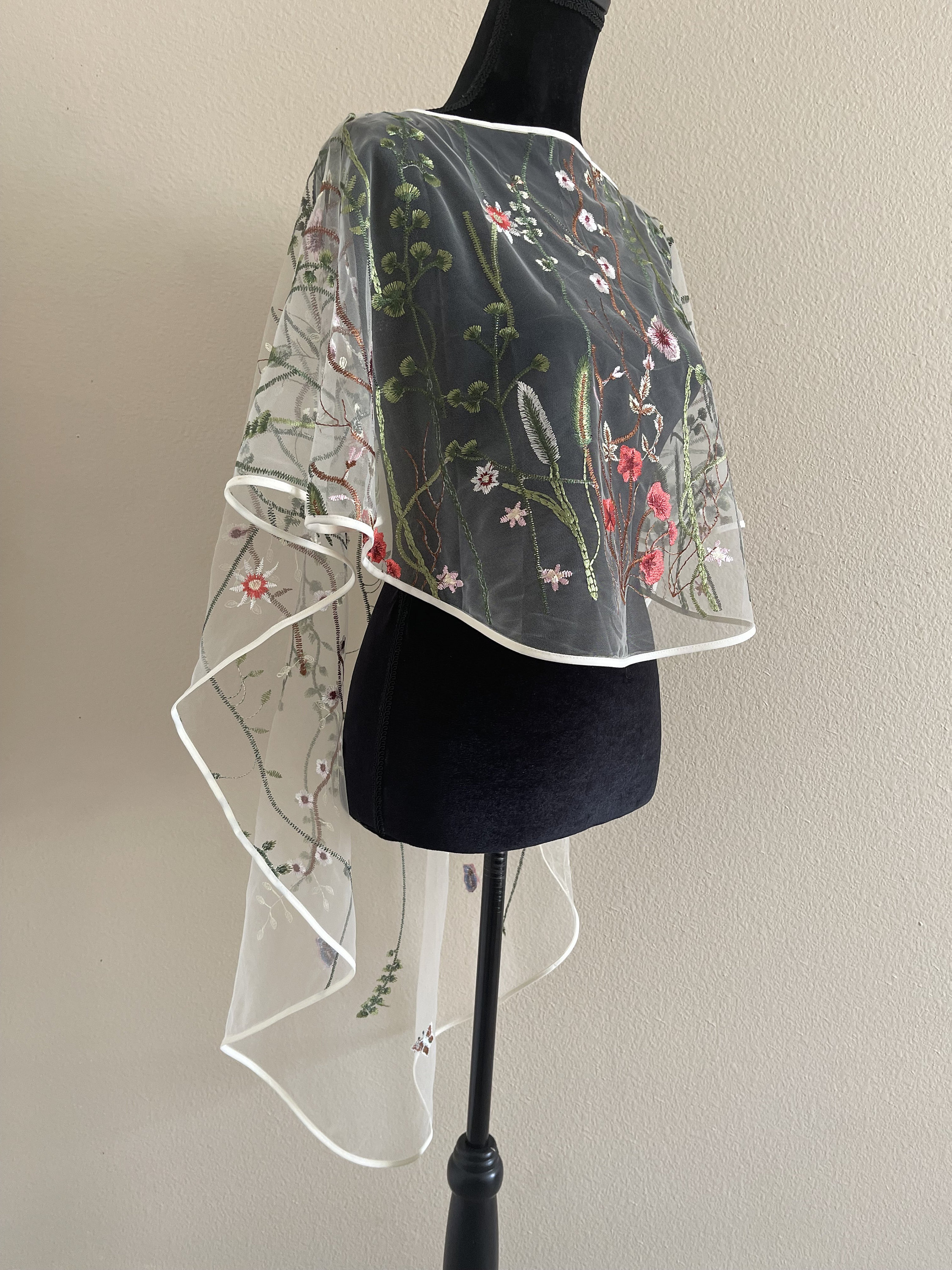 Designer Wedding Capelet Elegant Cape Cover up Embroidered Tulle Floral ...