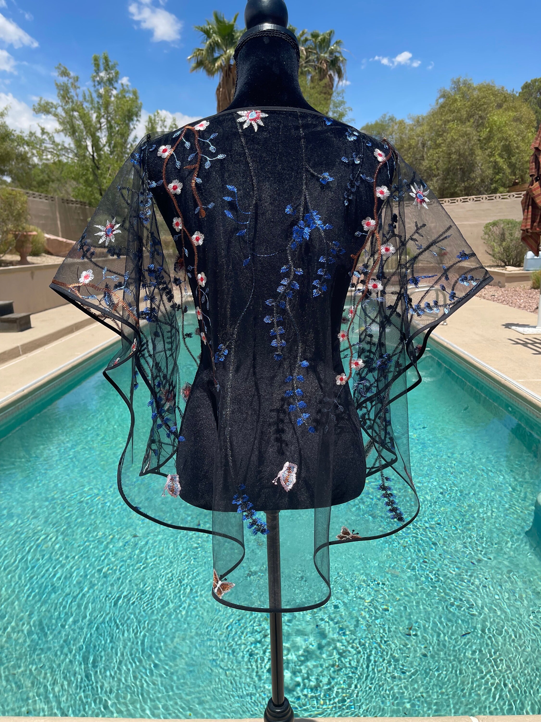 Designer Black Capelet: Embroidered Tulle Floral Bolero, Handmade ...
