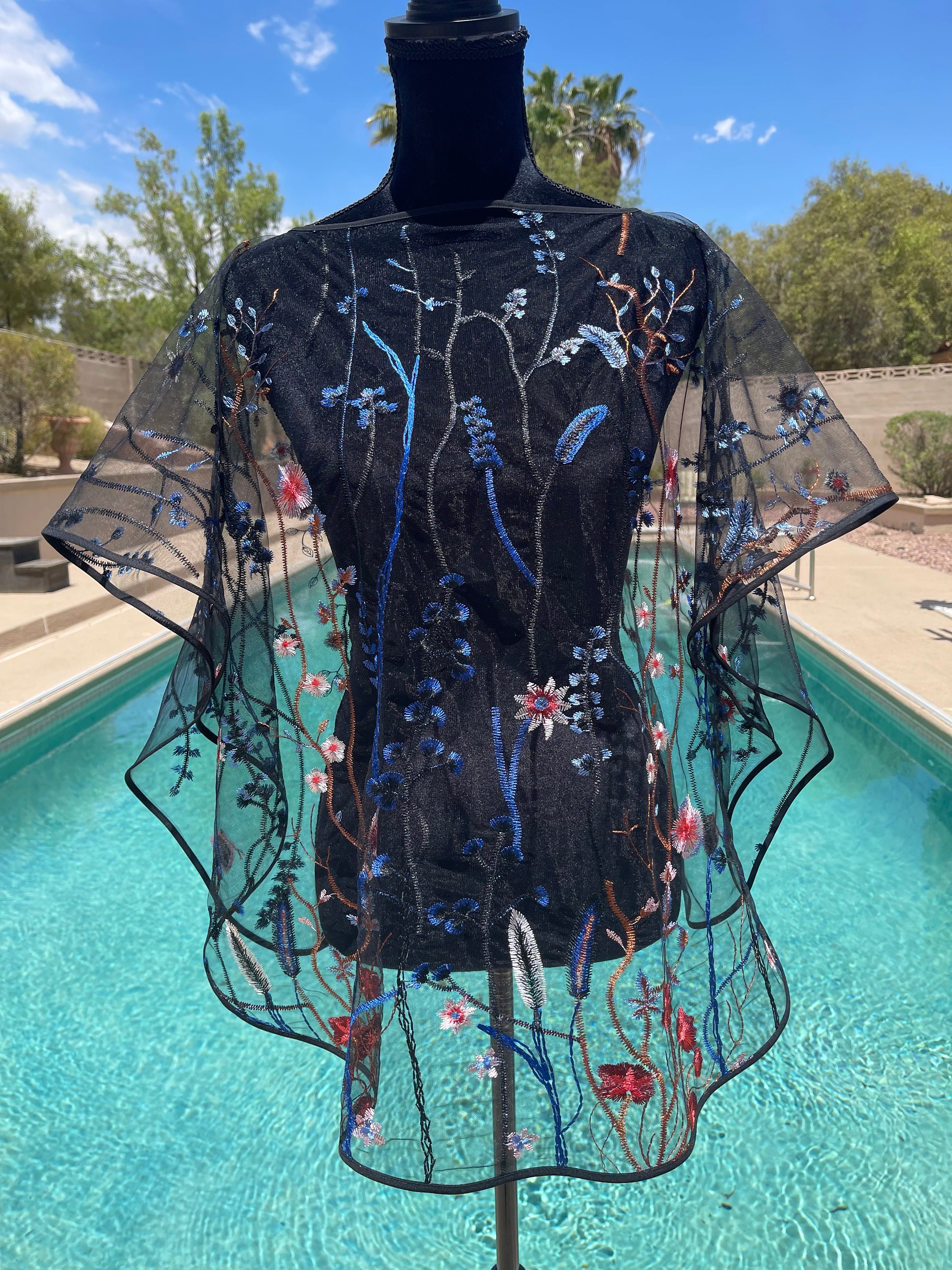 Designer Black Capelet: Embroidered Tulle Floral Bolero, Handmade ...