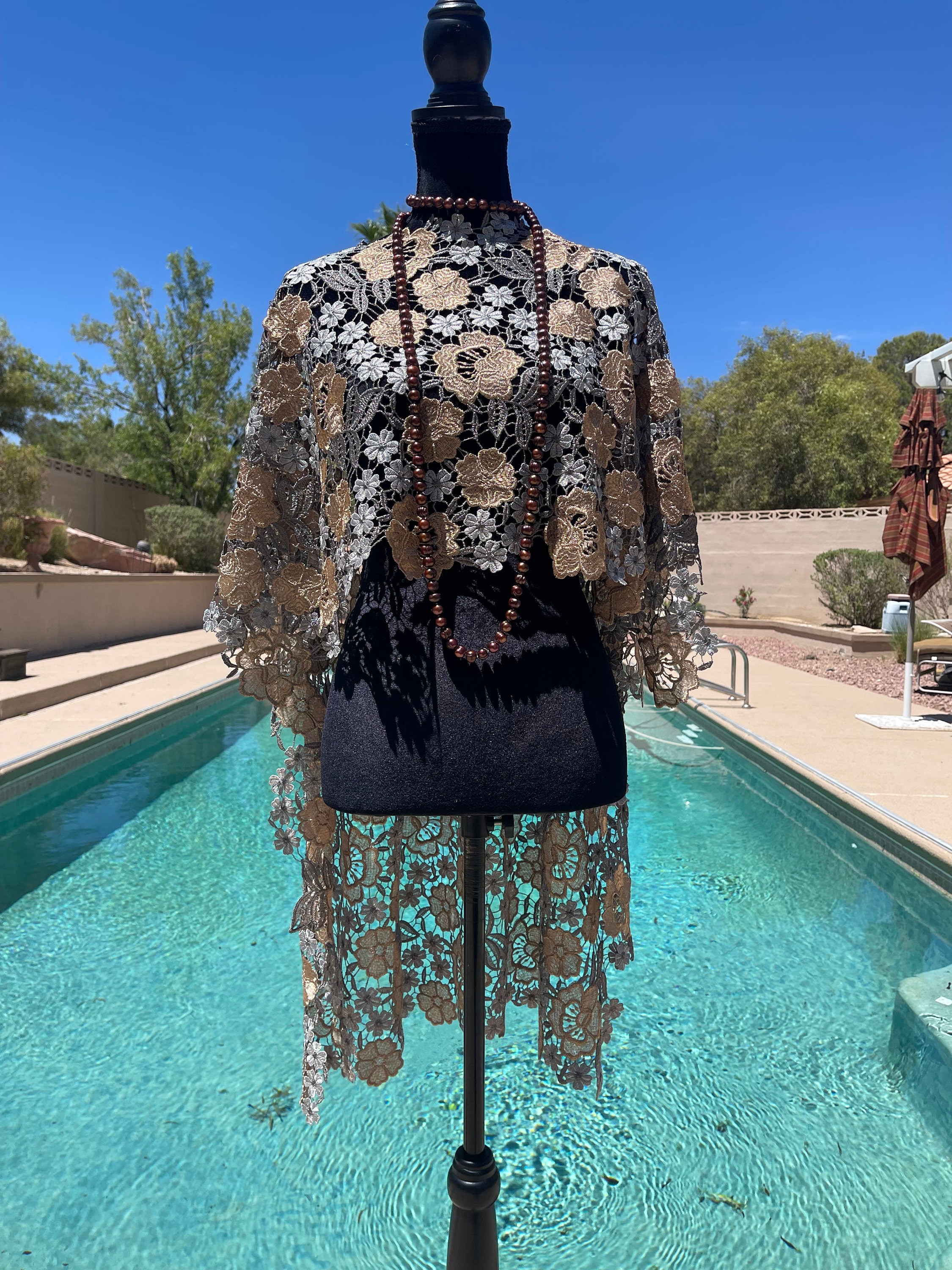 Women Lace Cape Long Capelet Elegant Cardigan Floral Cover up Floral ...