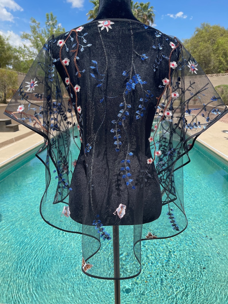 Designer Black Capelet: Embroidered Tulle Floral Bolero, Handmade ...