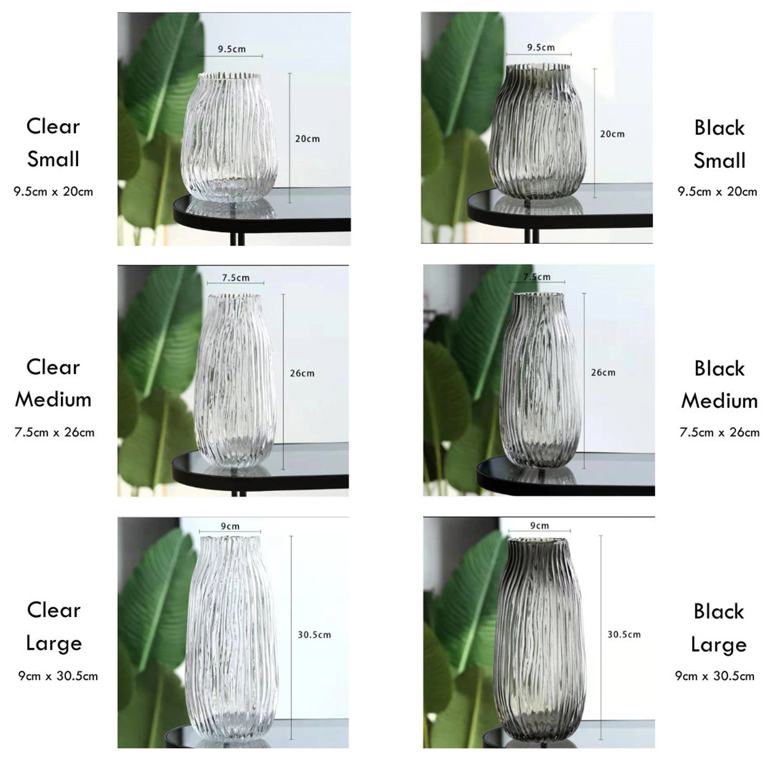 Wavy Textured Ribbed Glass Vase Clear & Black Vases for Flowers Thick ...