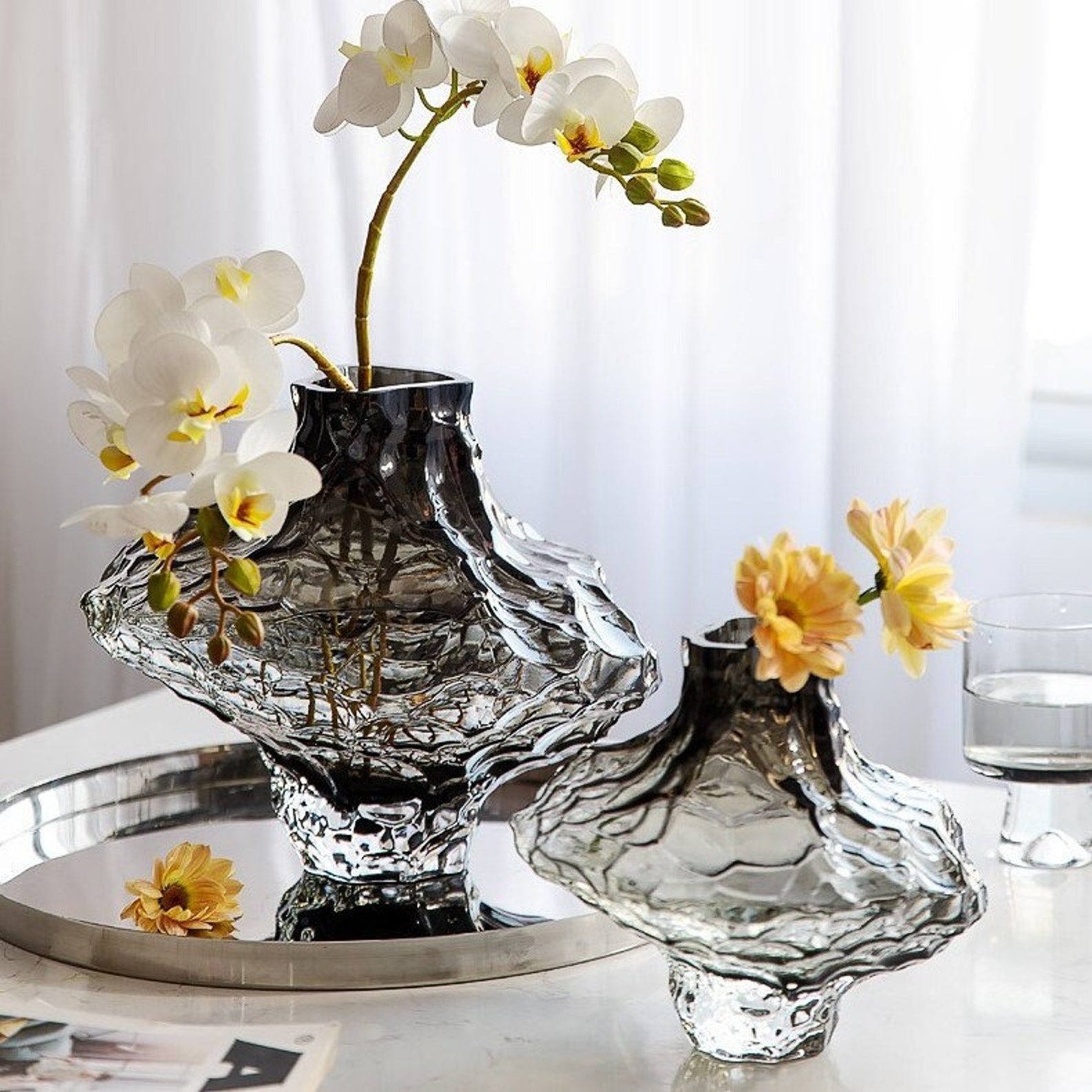 Clear & Black Textured Crumpled Vase Geometric Abstract Thick Vases for ...