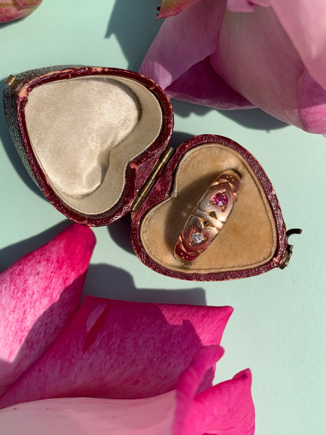 Beautiful Antique Gold Diamond and Ruby Double Heart Ring - Etsy