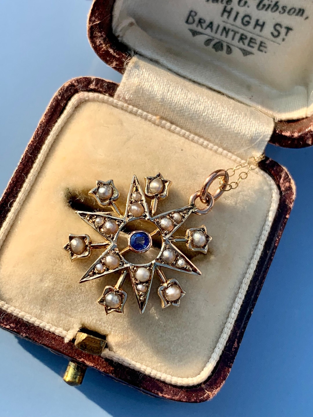 Antique 9ct Gold Pearl & Blue Stone Starburst Pendant Necklace - Etsy