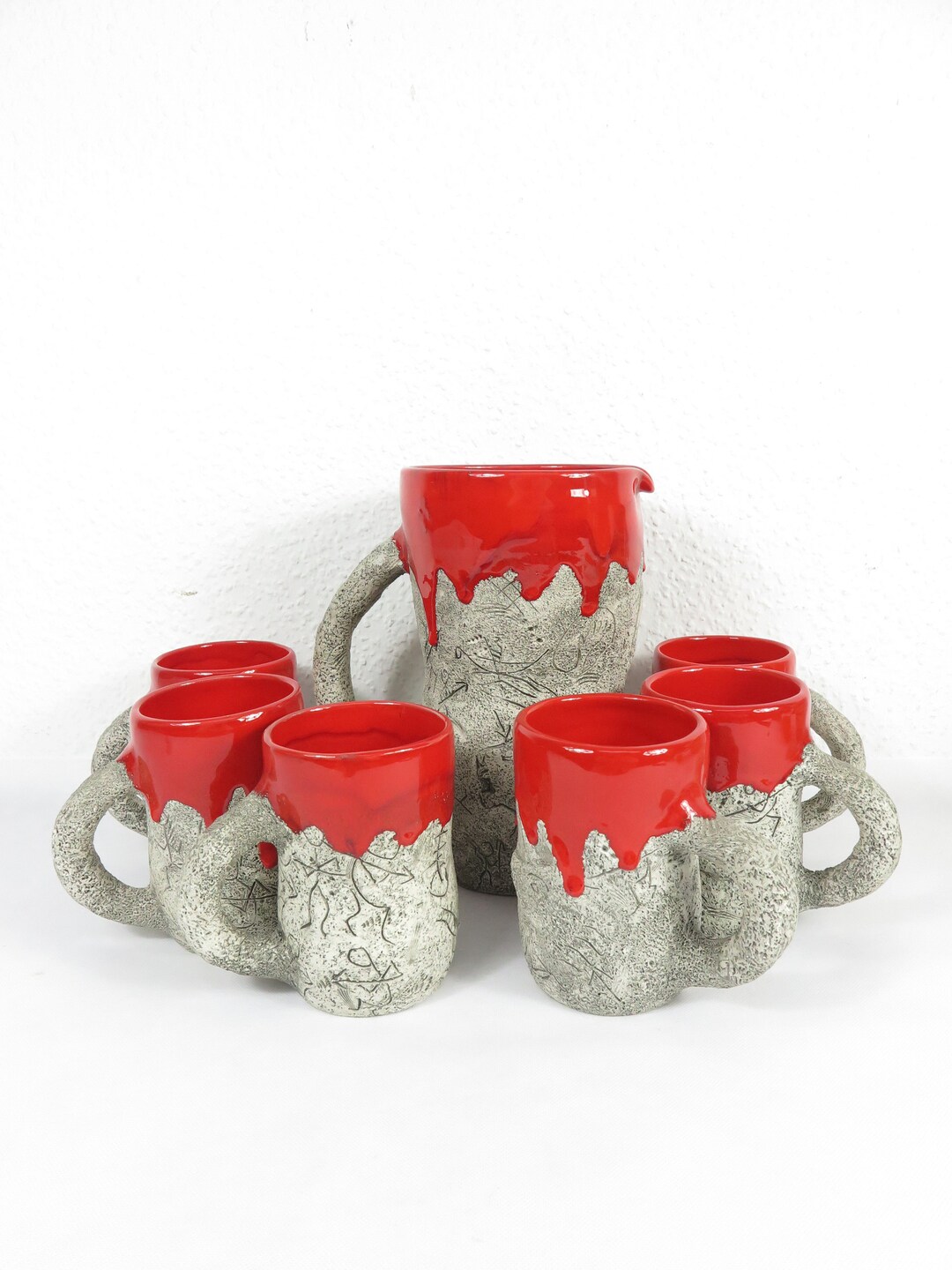 70s Punch Jug With 6 Handle Cups - Etsy