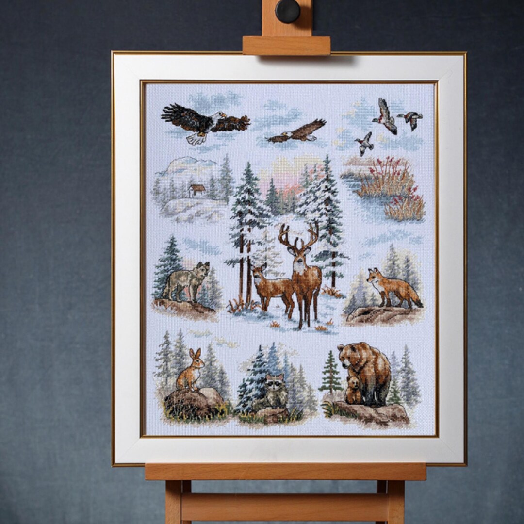 Winter Woodland Cross Stitch Kit – Deer, Bear, Fox, Birds, DMC Threads ...