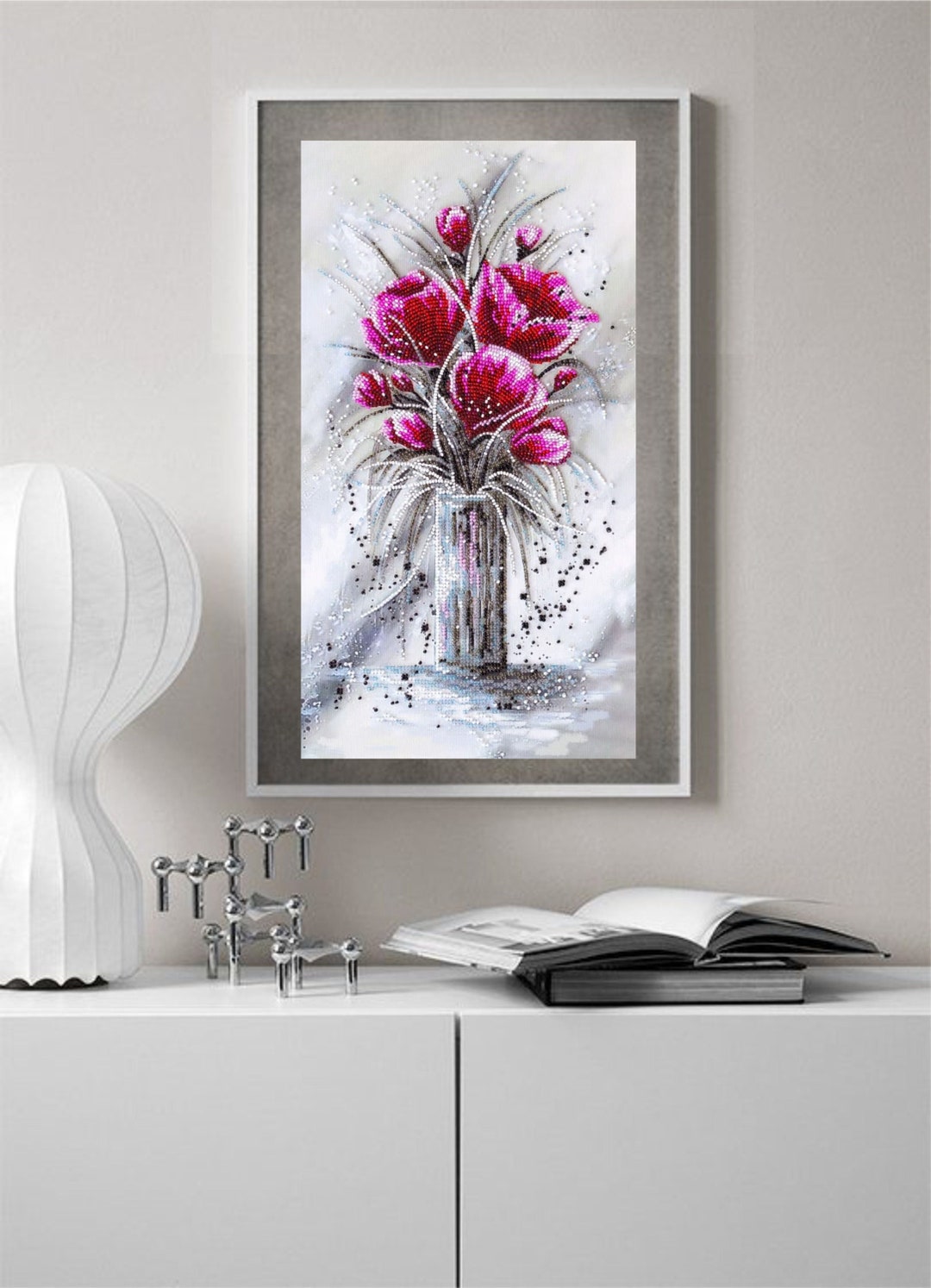 DIY Stickdatei zum Sticken mit Perlen auf Leinwand Red emerald. Flowers ...