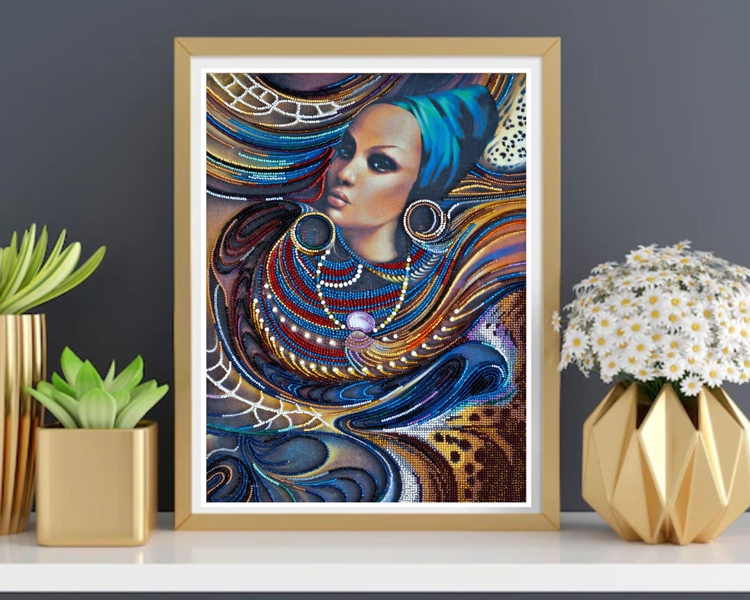 DIY Kit for Embroidery With Beads on Natural Art Canvas "colorful Lady ...