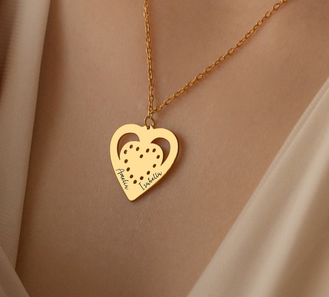 Heart Name Necklace Two Name Heart Necklace Gold Necklace Tiny Name