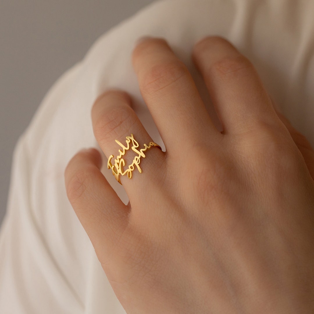 Minimalist Name Ring, Double Name Ring, Gold Name Ring, Two Name Ring ...